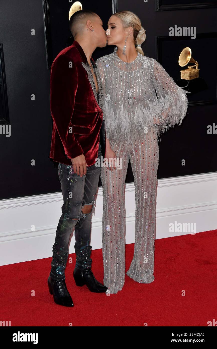 Evan Ross and Ashlee Simpson arrives at the 61st Annual Grammy Awards ...