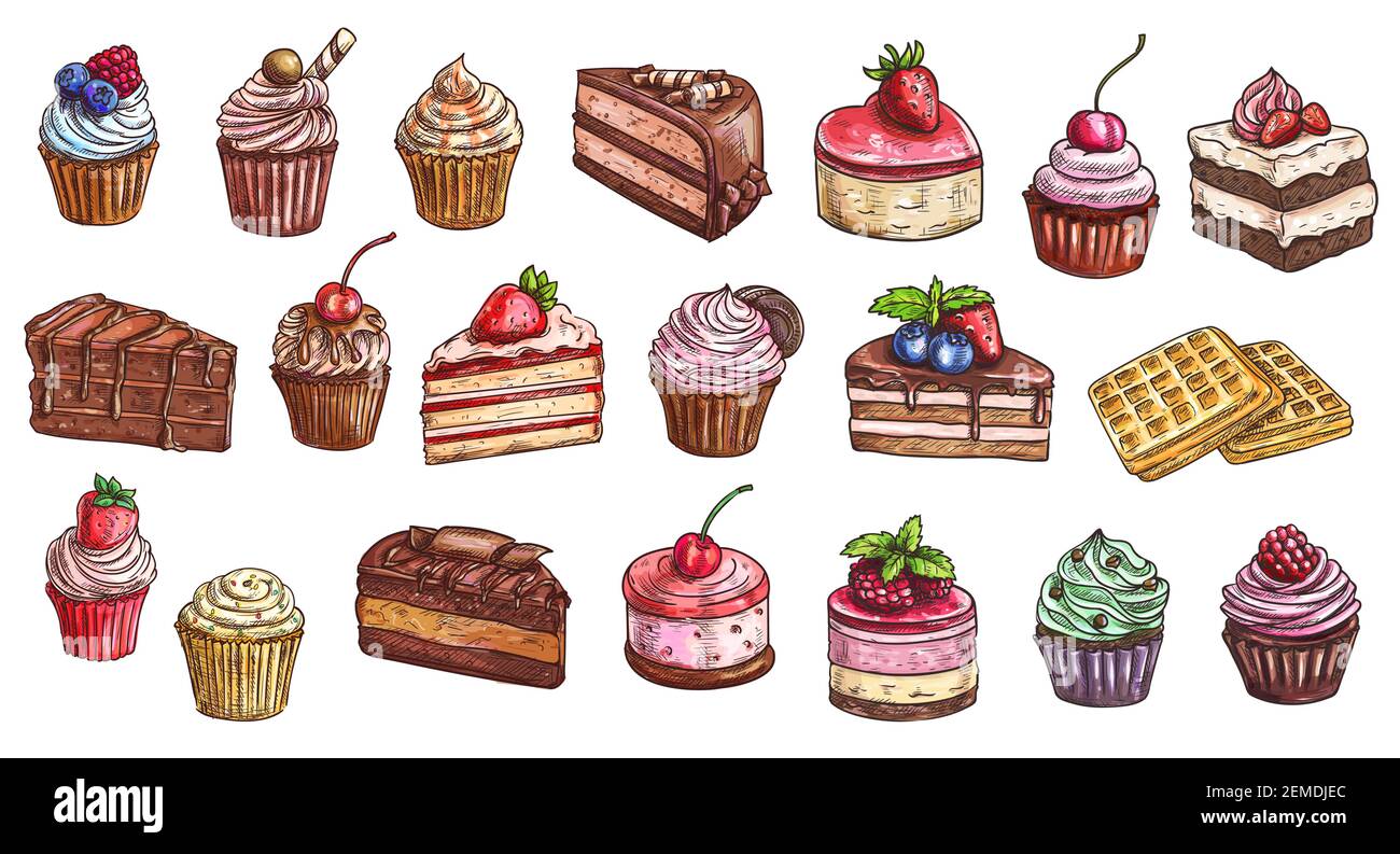 Cakes, cheesecakes and dessert sweets cupcakes sketch, vector icons ...