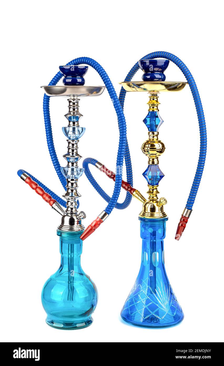 Close up of two hookahs isolated on white background. Hookahs with blue ...
