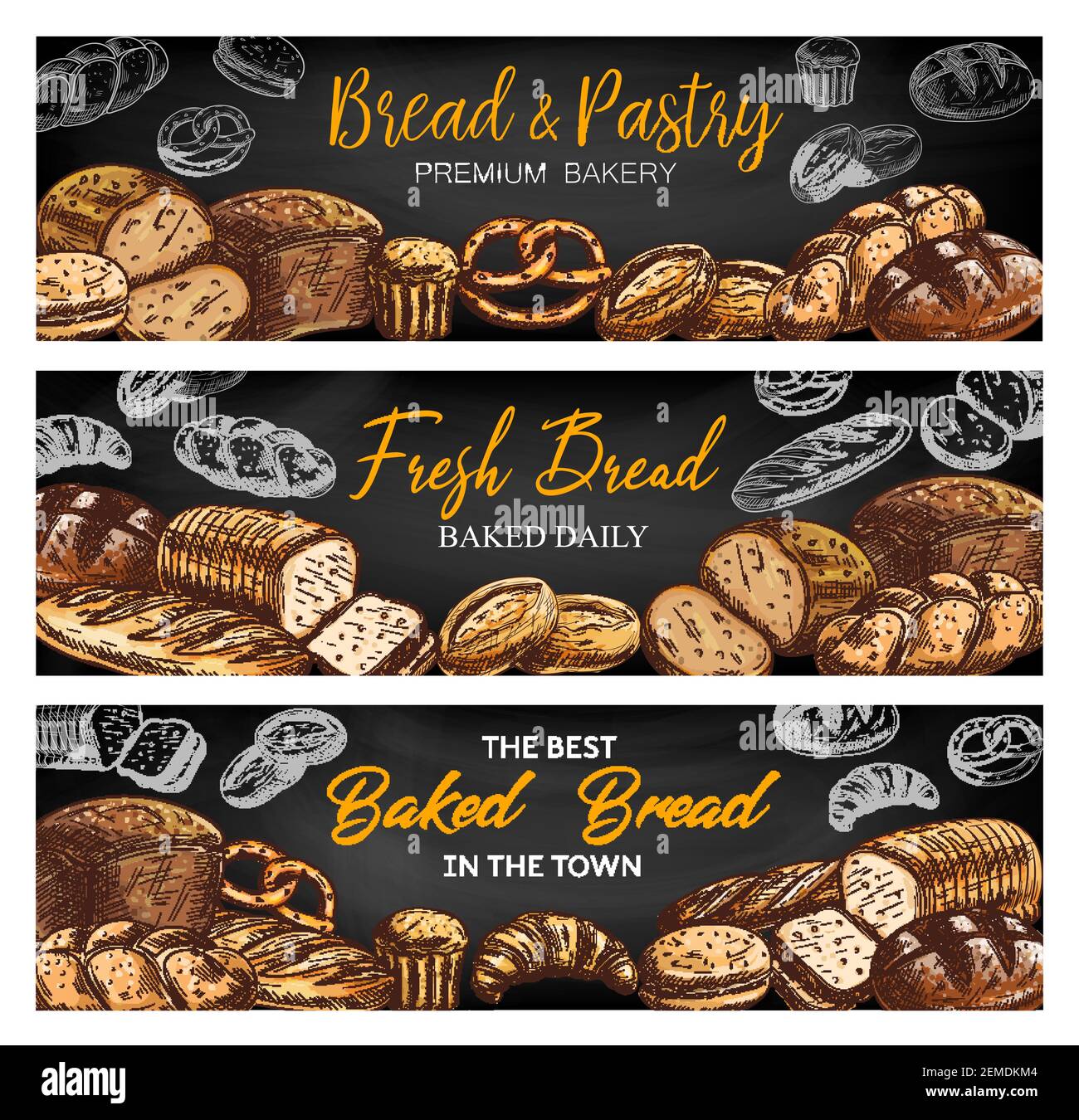Bread and bakery shop chalkboard sketch vector banners. Rye cob ...