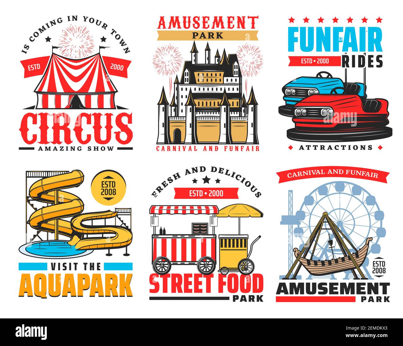 Funfair and amusement park vector icons. Big top circus, karting rides ...