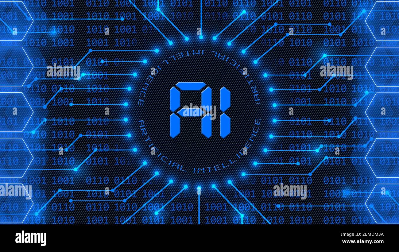 AI - Abstract Artificial Intelligence background with blue lettering - 4-digit binary code ...