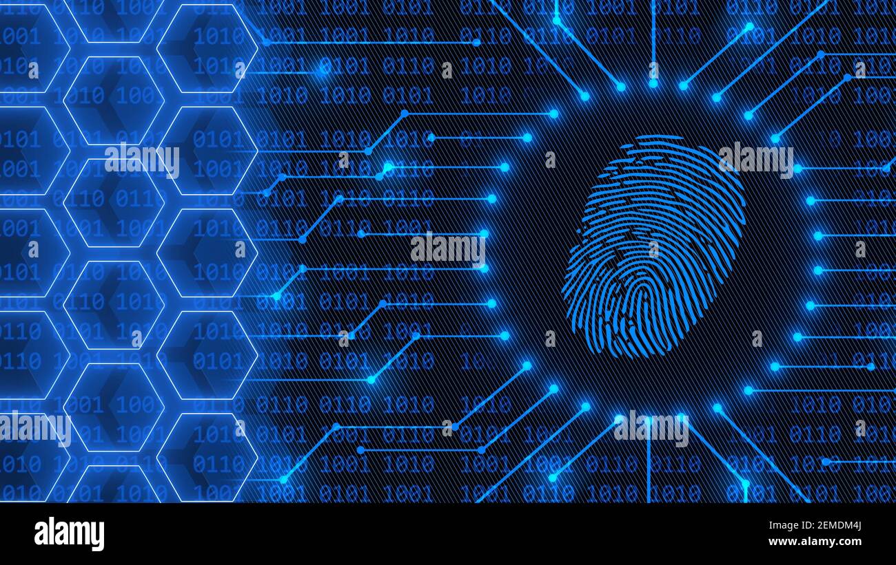 Fingerprint logo - abstract background in blue of 4-digit binary code behind information ...