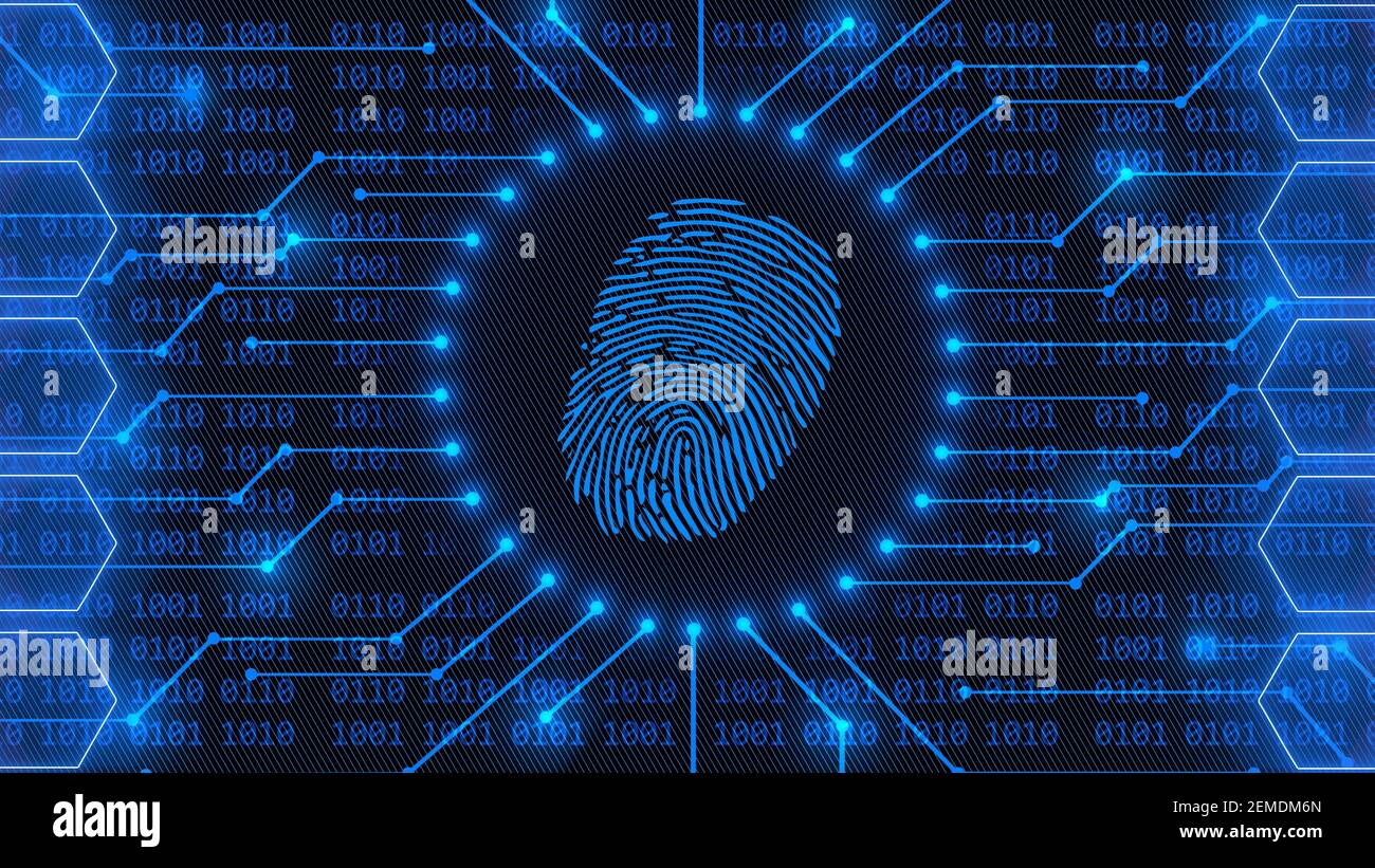 Fingerprint logo - abstract background in blue of 4-digit binary code behind information ...