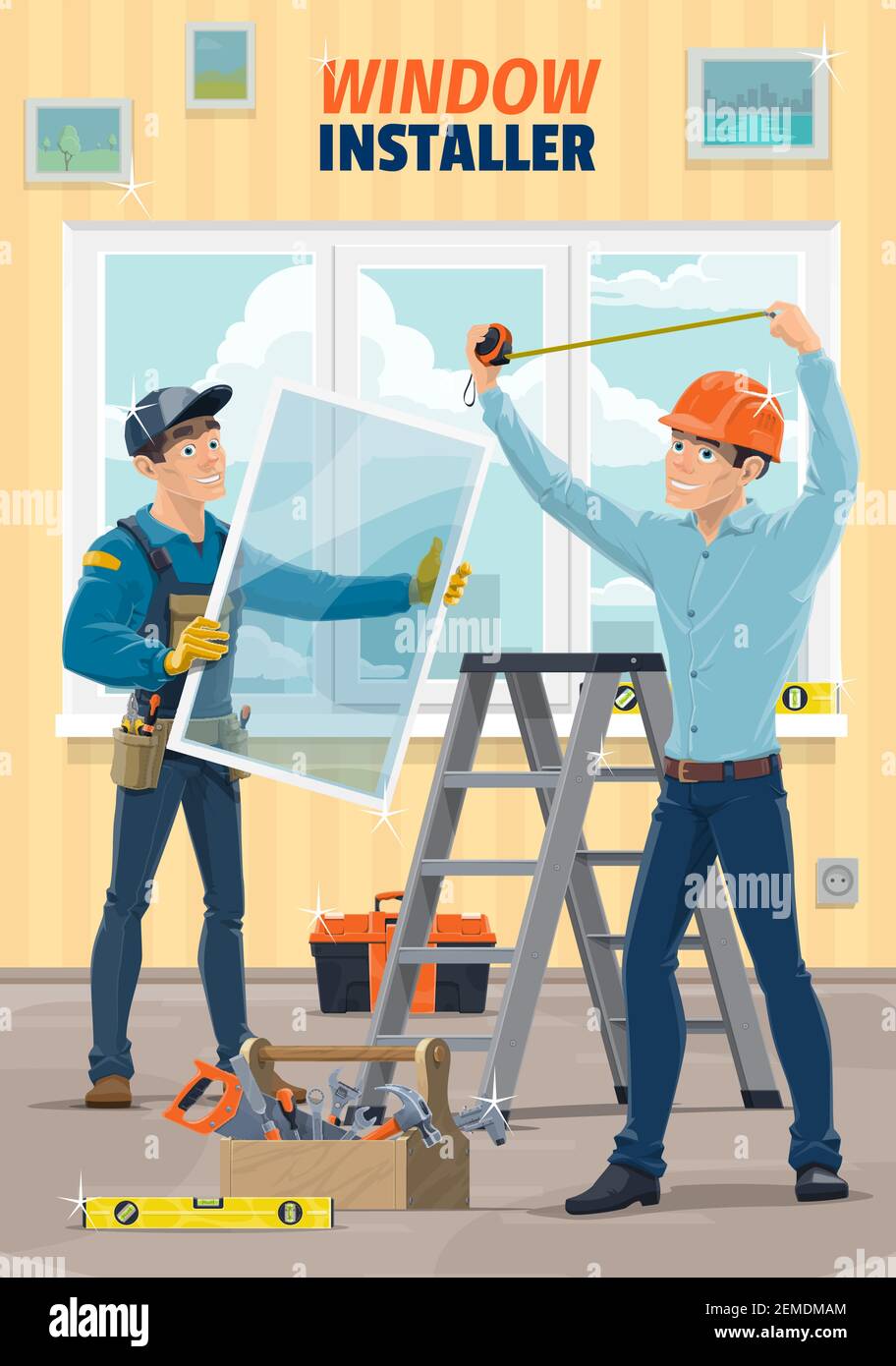 Window installer workers, house construction and carpenter service ...