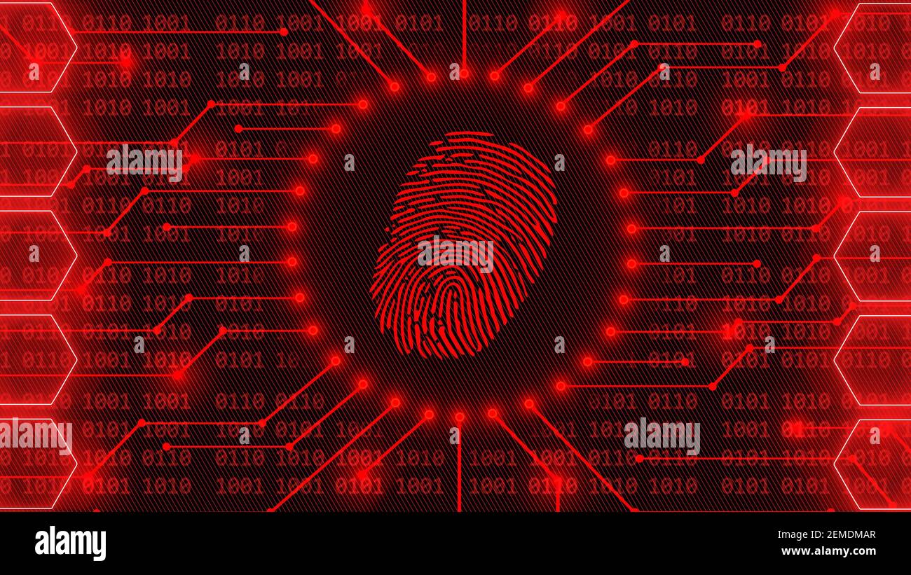 Fingerprint logo - abstract background in red of 4-digit binary code behind information ...