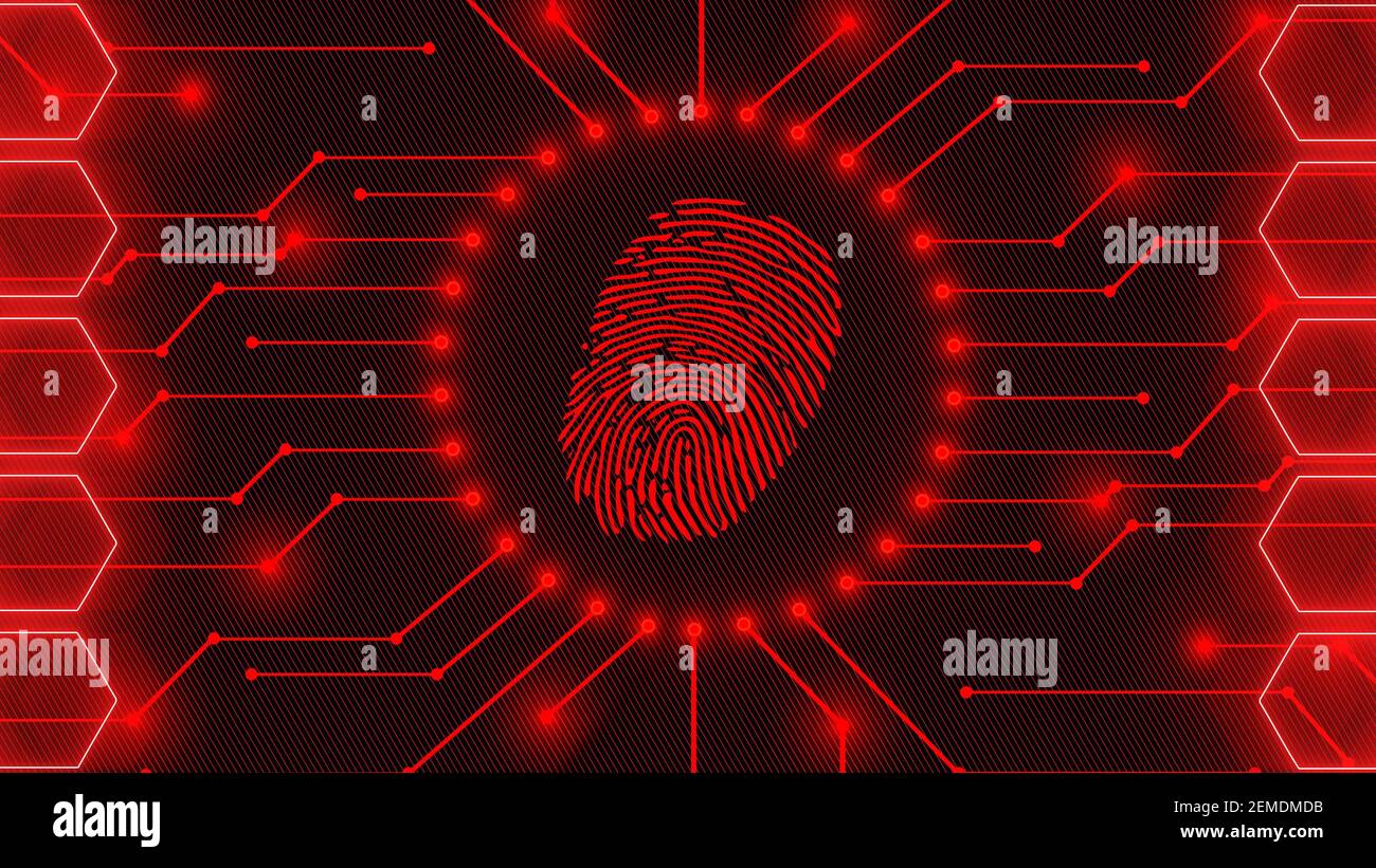 Fingerprint logo - abstract background in red of information connecting ...