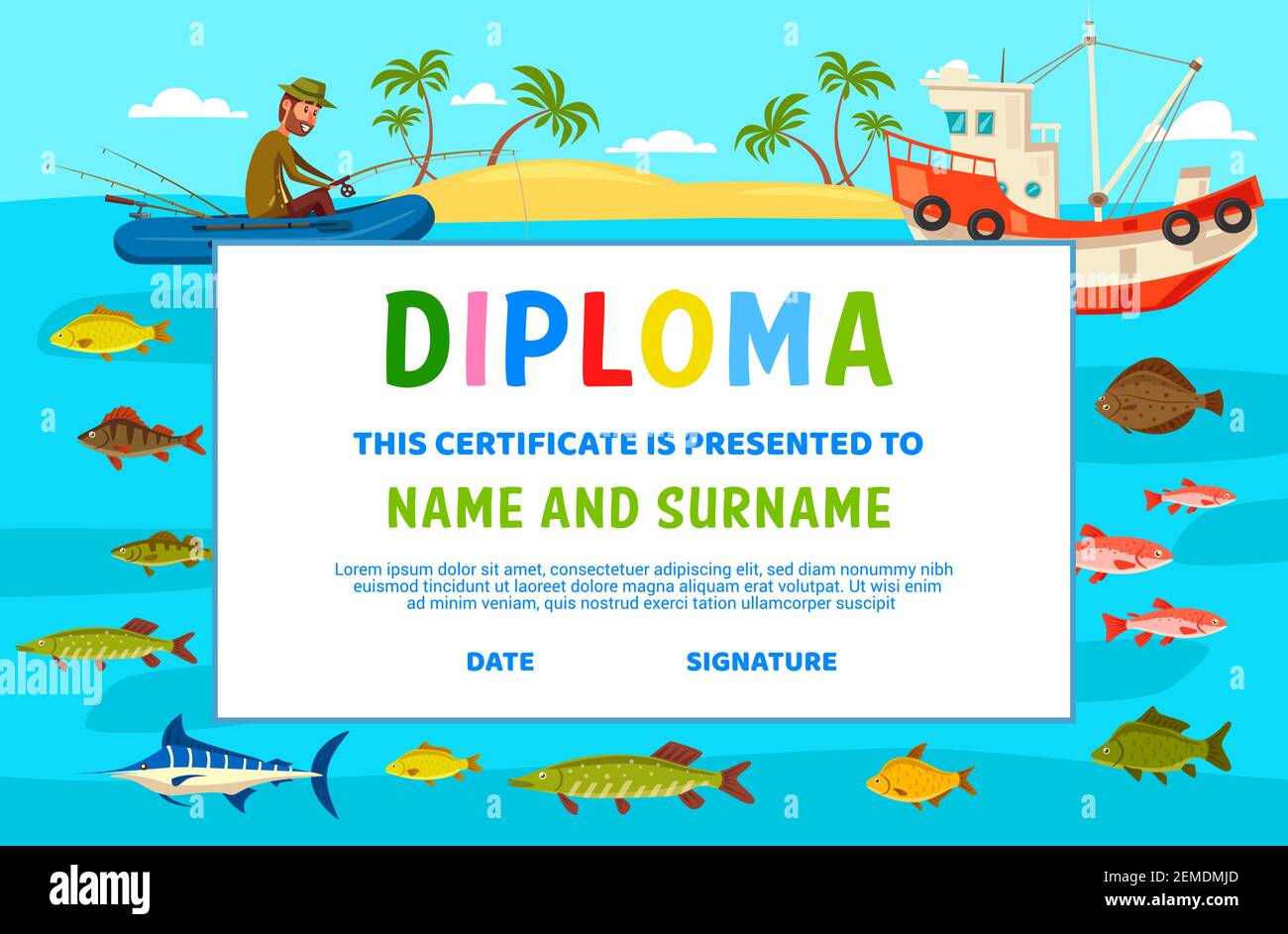 Kids diploma, education school or kindergarten certificate, vector ...