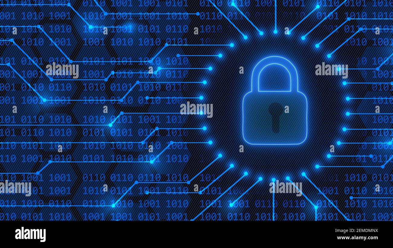 Padlock Logo Abstract Background In Blue Of 4 Digit Binary Code Behind Connecting Lines