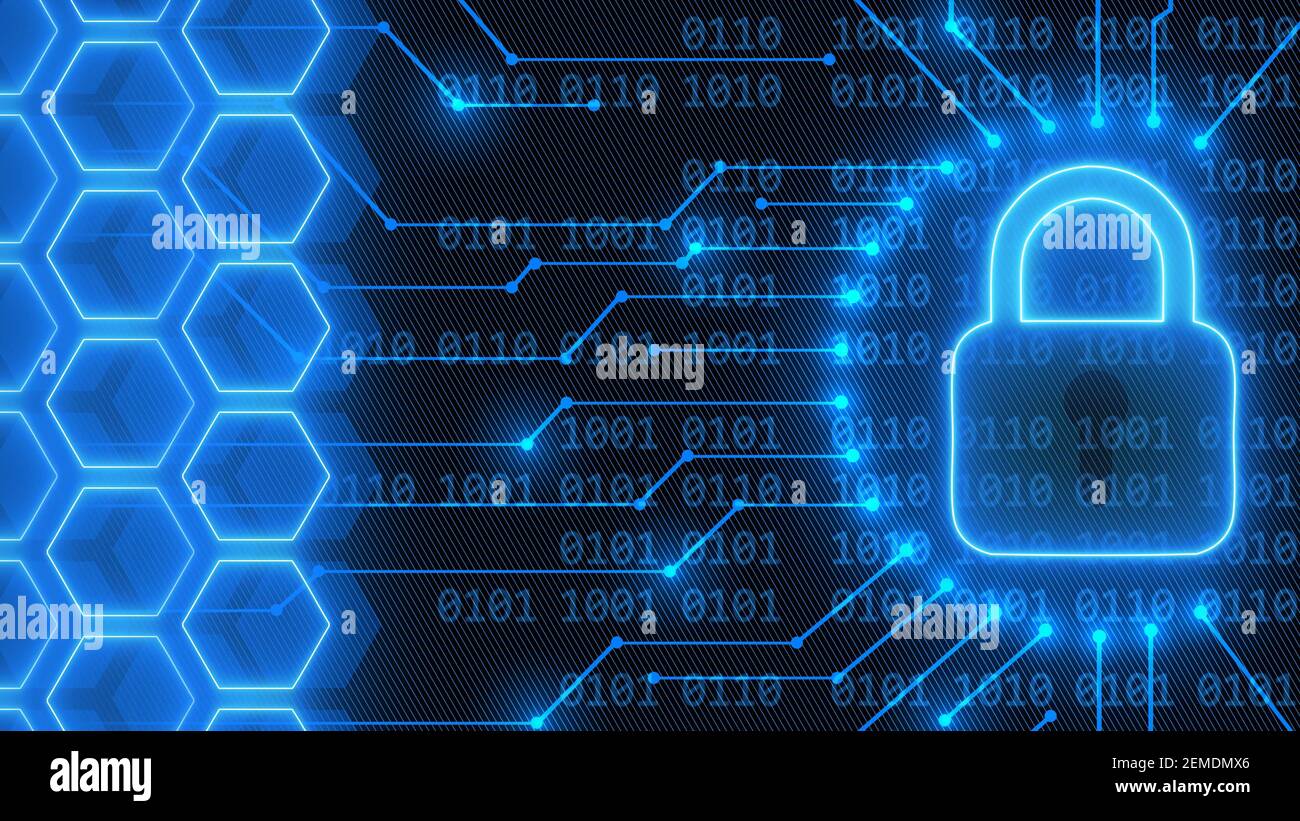 Padlock Logo Abstract Background In Blue Of 4 Digit Binary Code Behind Information Connecting