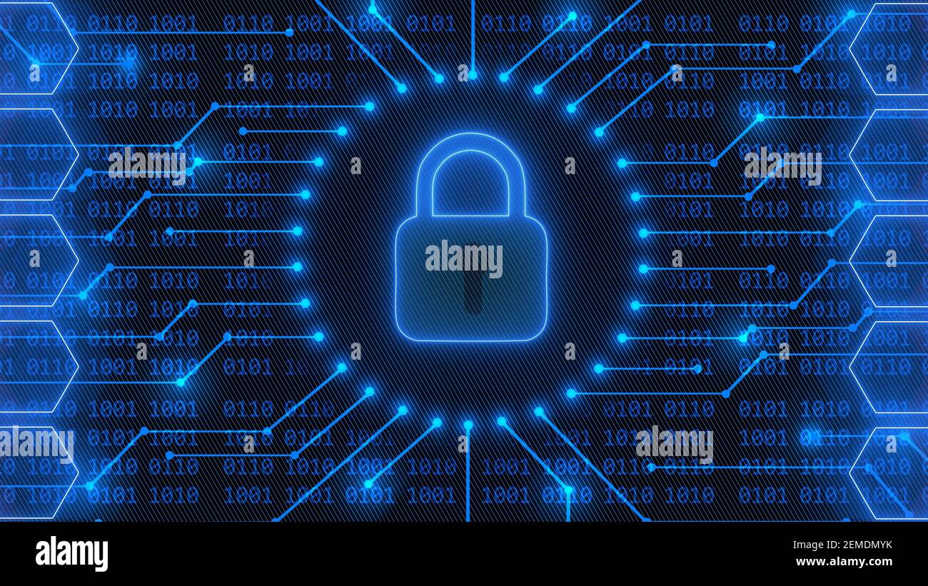 Padlock Logo Abstract Background In Blue Of 4 Digit Binary Code Behind Connecting Lines