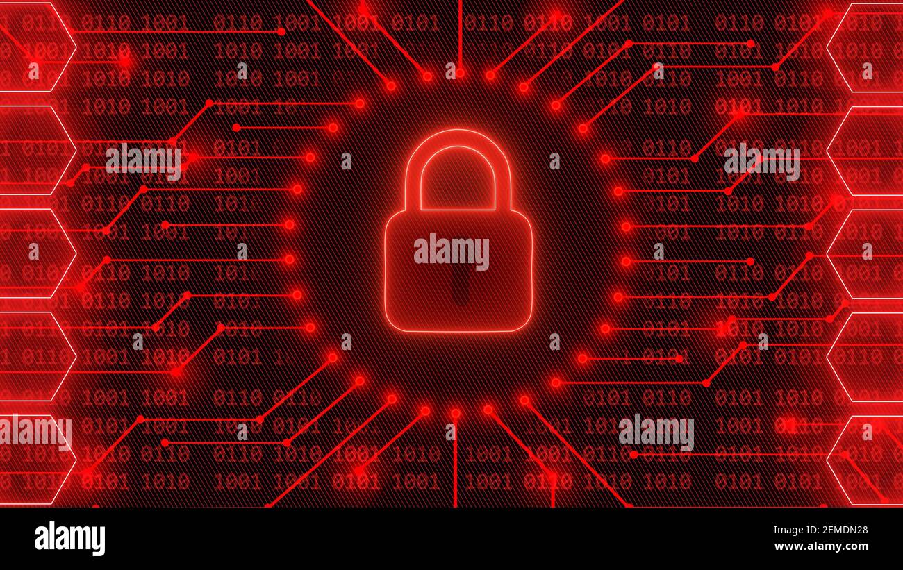 Padlock Logo Abstract Background In Red Of 4 Digit Binary Code Behind Connecting Lines Between