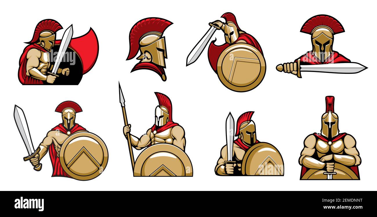Spartan warriors, knights with helmet and shield, Medieval gladiator in ...