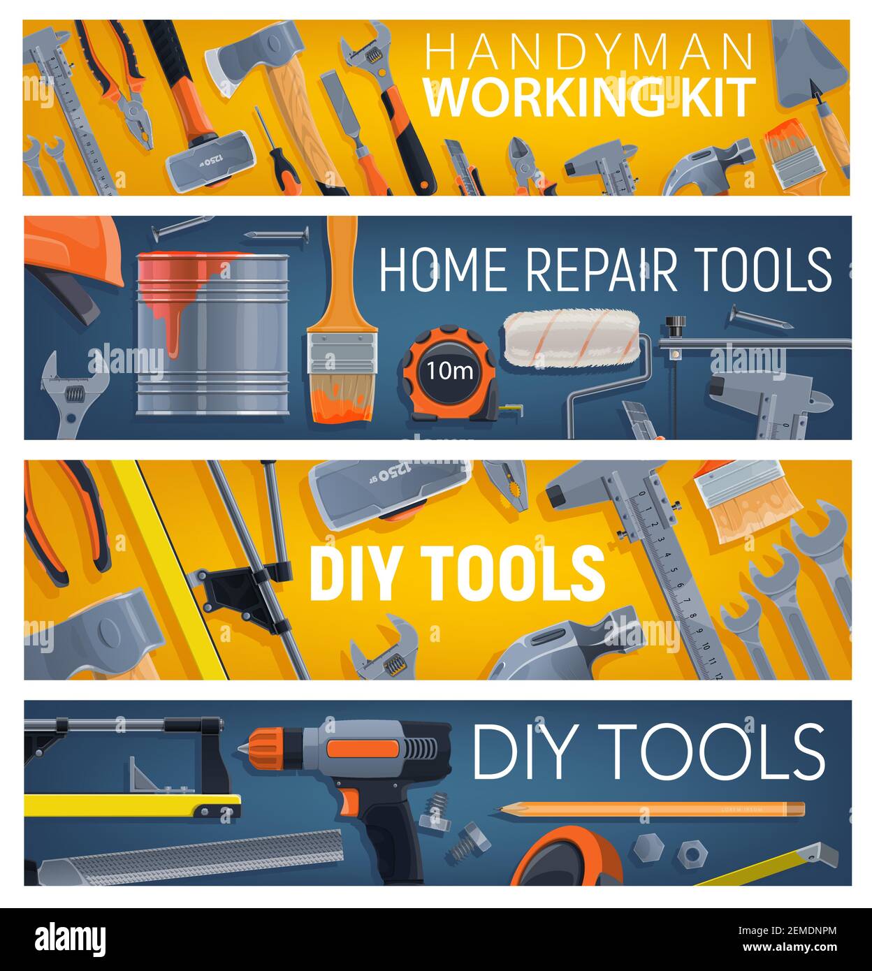 Construction and DIY tools, vector banners. Painting roller brush ...