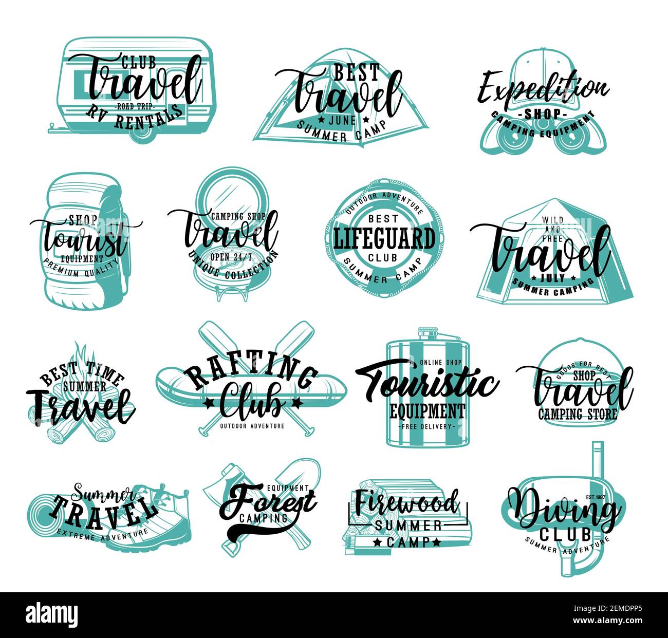 Travel tourism lettering icons, summer adventure and camping vacations ...