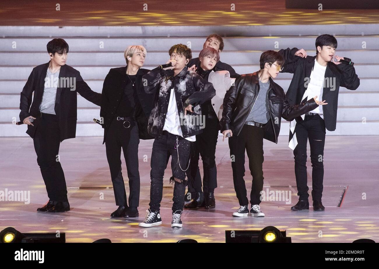 South Korean K-pop boys group iKON, performs on the stage during the ...