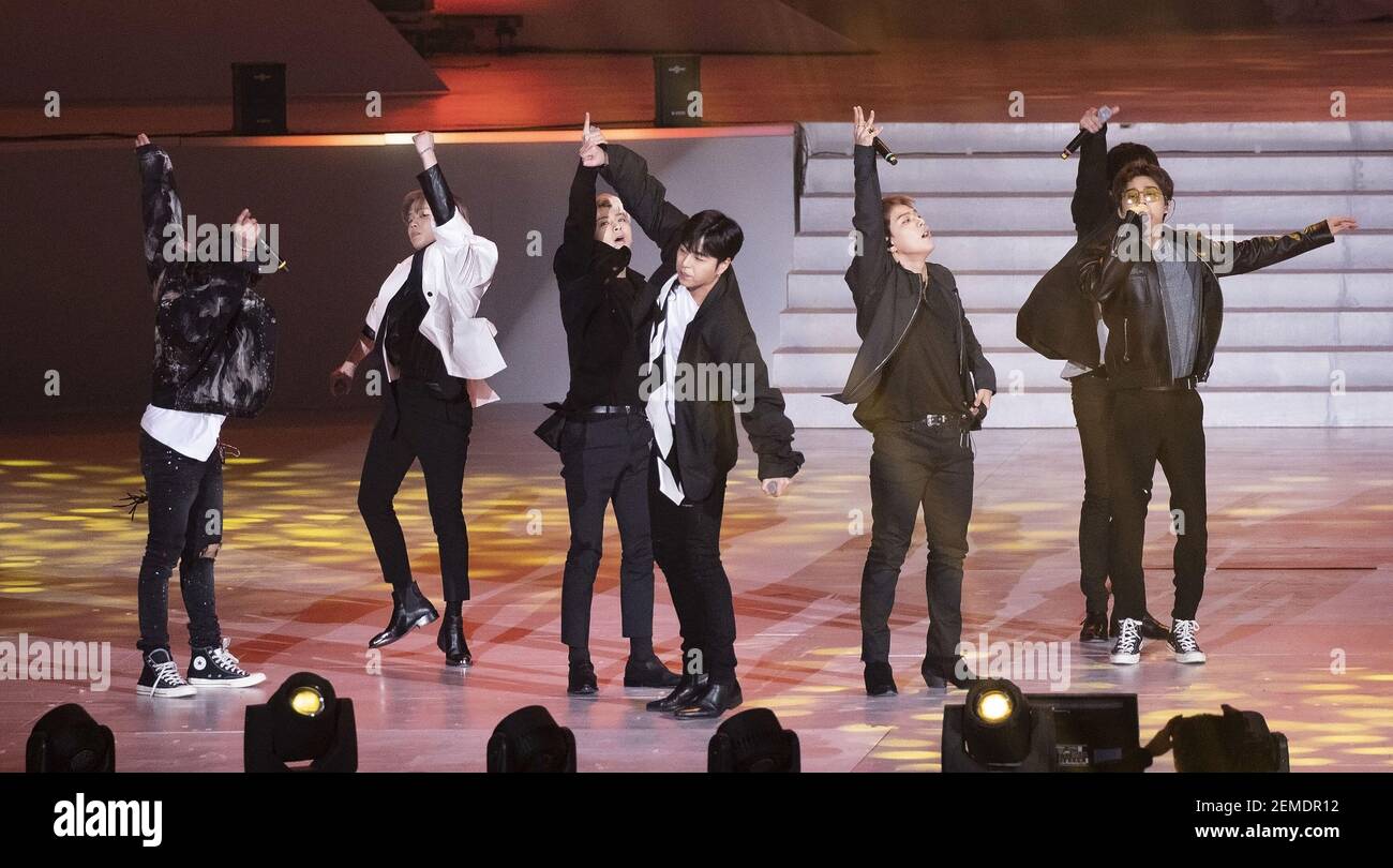 South Korean K-pop boys group iKON, performs on the stage during the 1st anniversary festival of ...