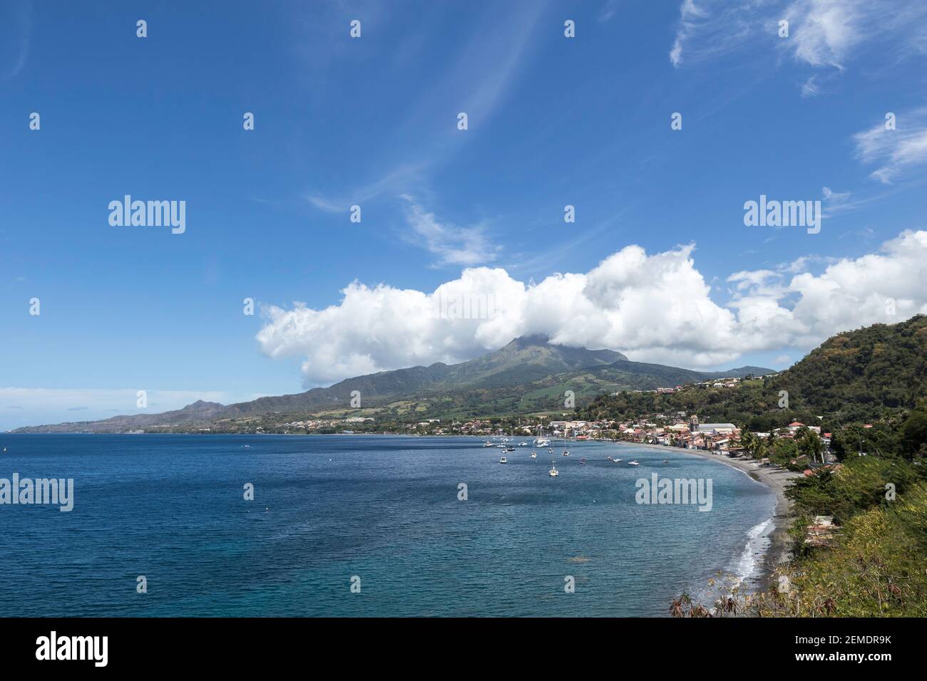 The azure bay at St Pierre with Mount Pelee, Martinique in the ...