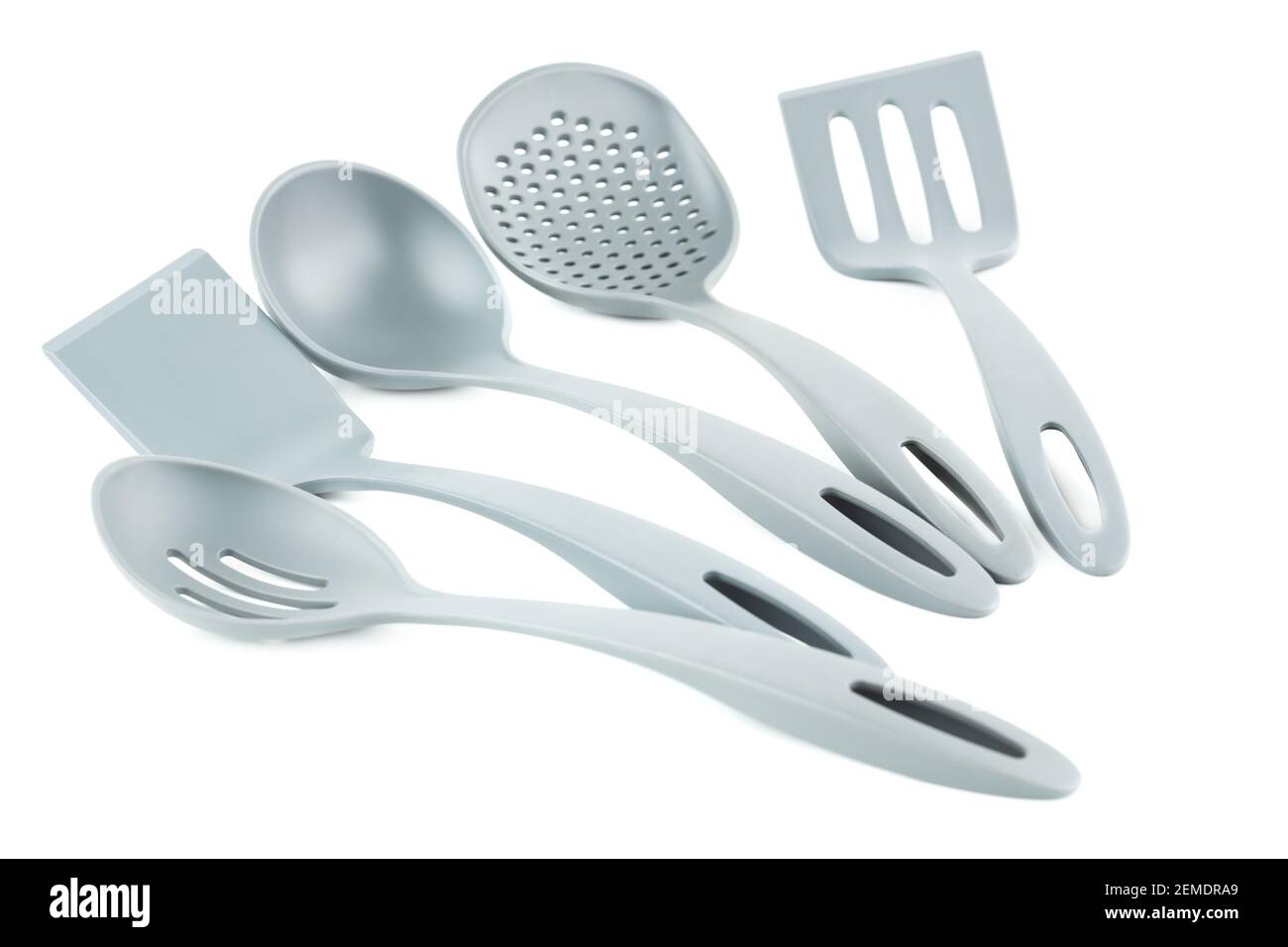 Set of gray plastic kitchen utensils isolated on white background Stock ...