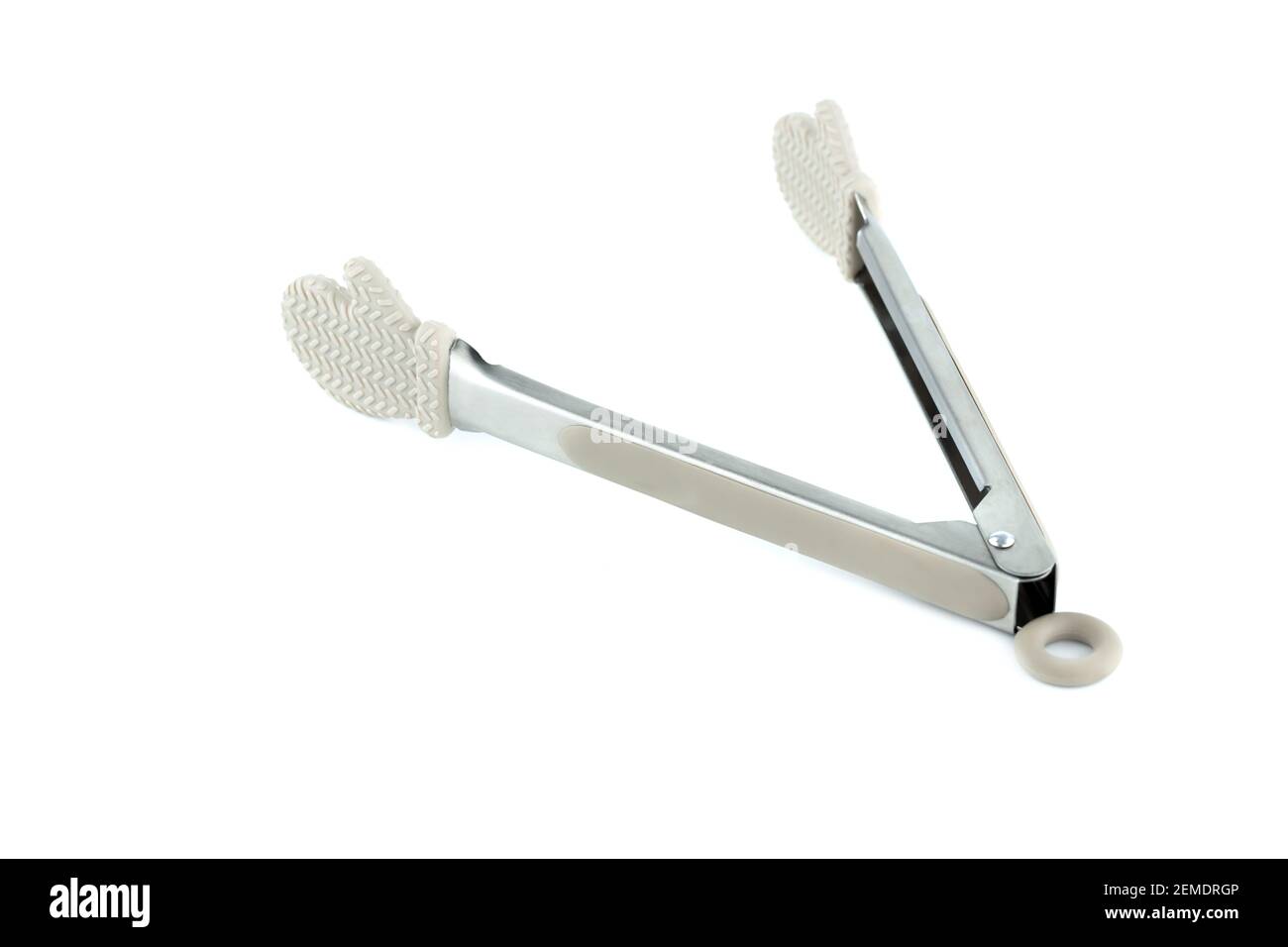 Serving kitchen tongs with gray silicone holders isolated in white ...