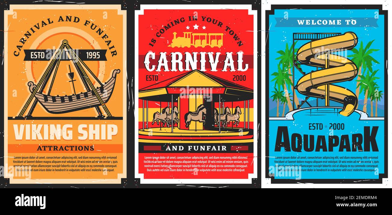 Amusement park carousels, Viking ship and water slides, aquapark vector ...