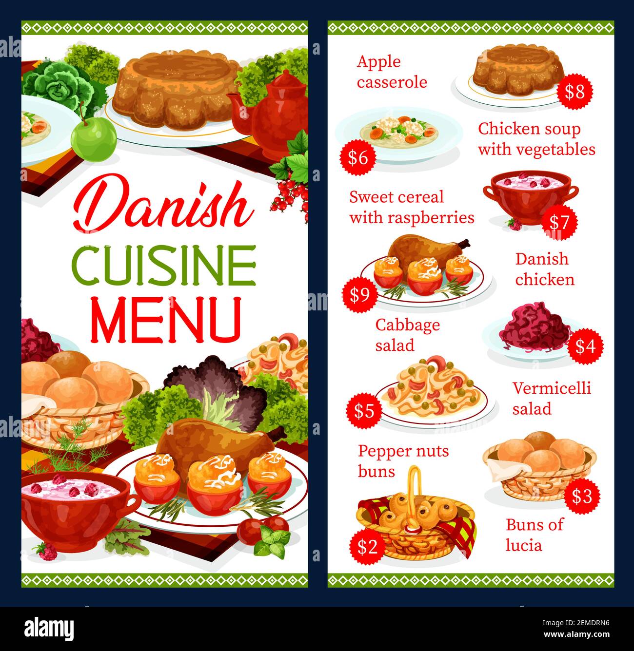 Danish food cuisine, Scandinavian buffet menu, vector meal dishes ...