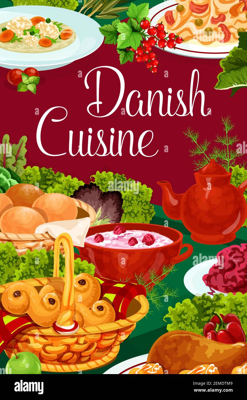 Danish cuisine food menu dishes, buffet meals, vector traditional ...