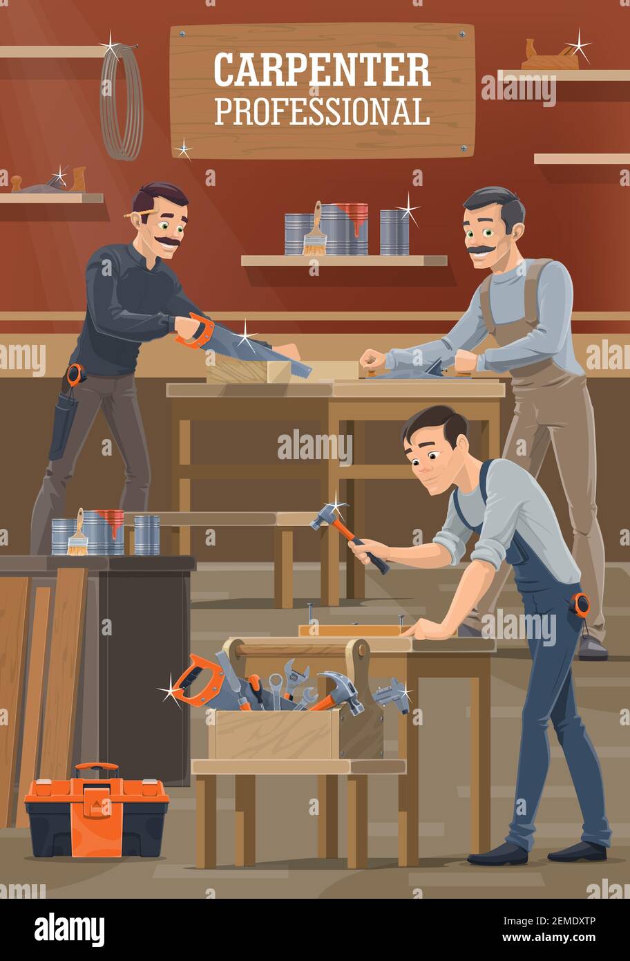 Carpenter and woodworker worker in workshop, craftsman woodwork, vector ...