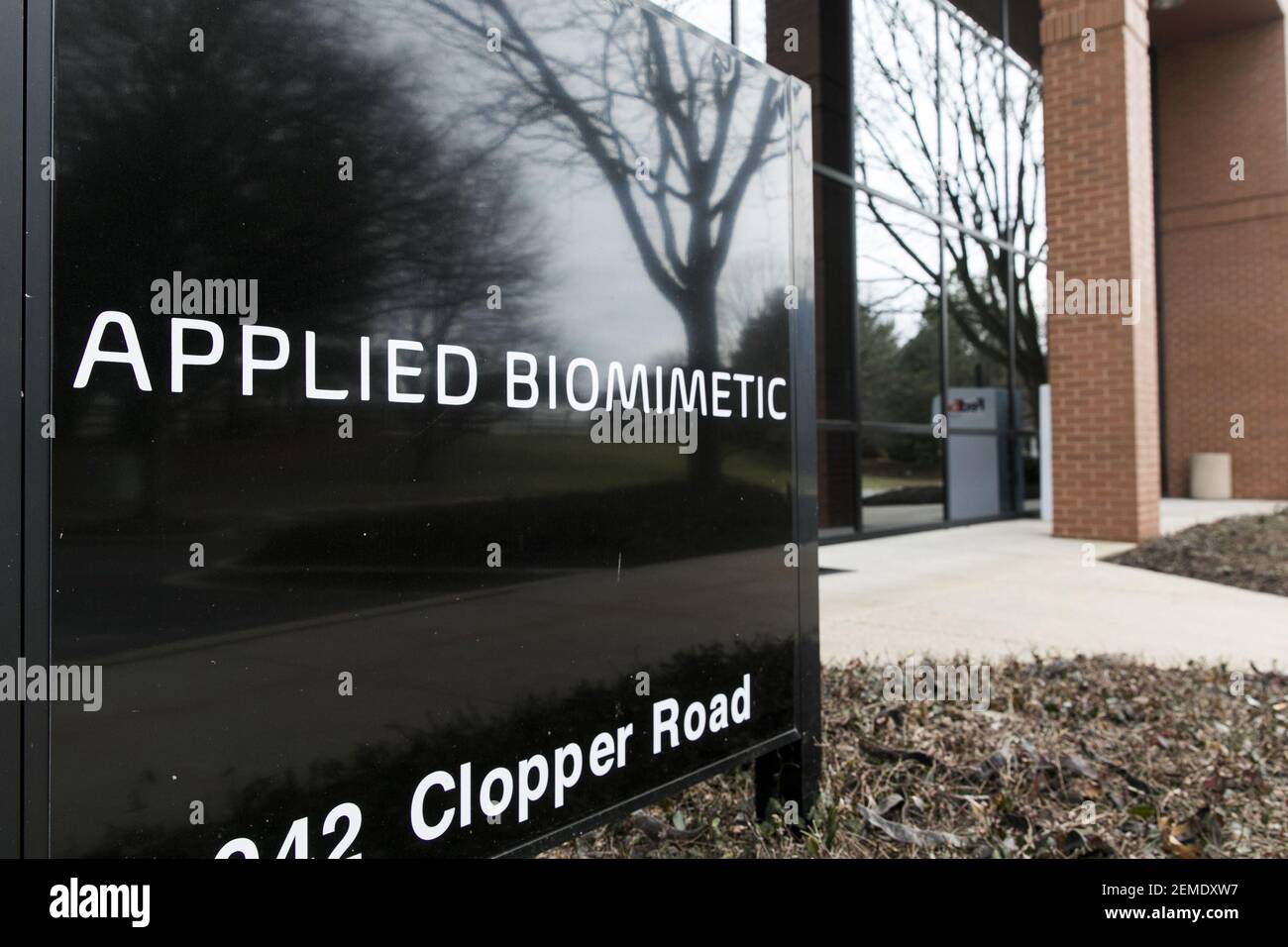 A logo sign outside of the headquarters of Applied Biomimetic in ...