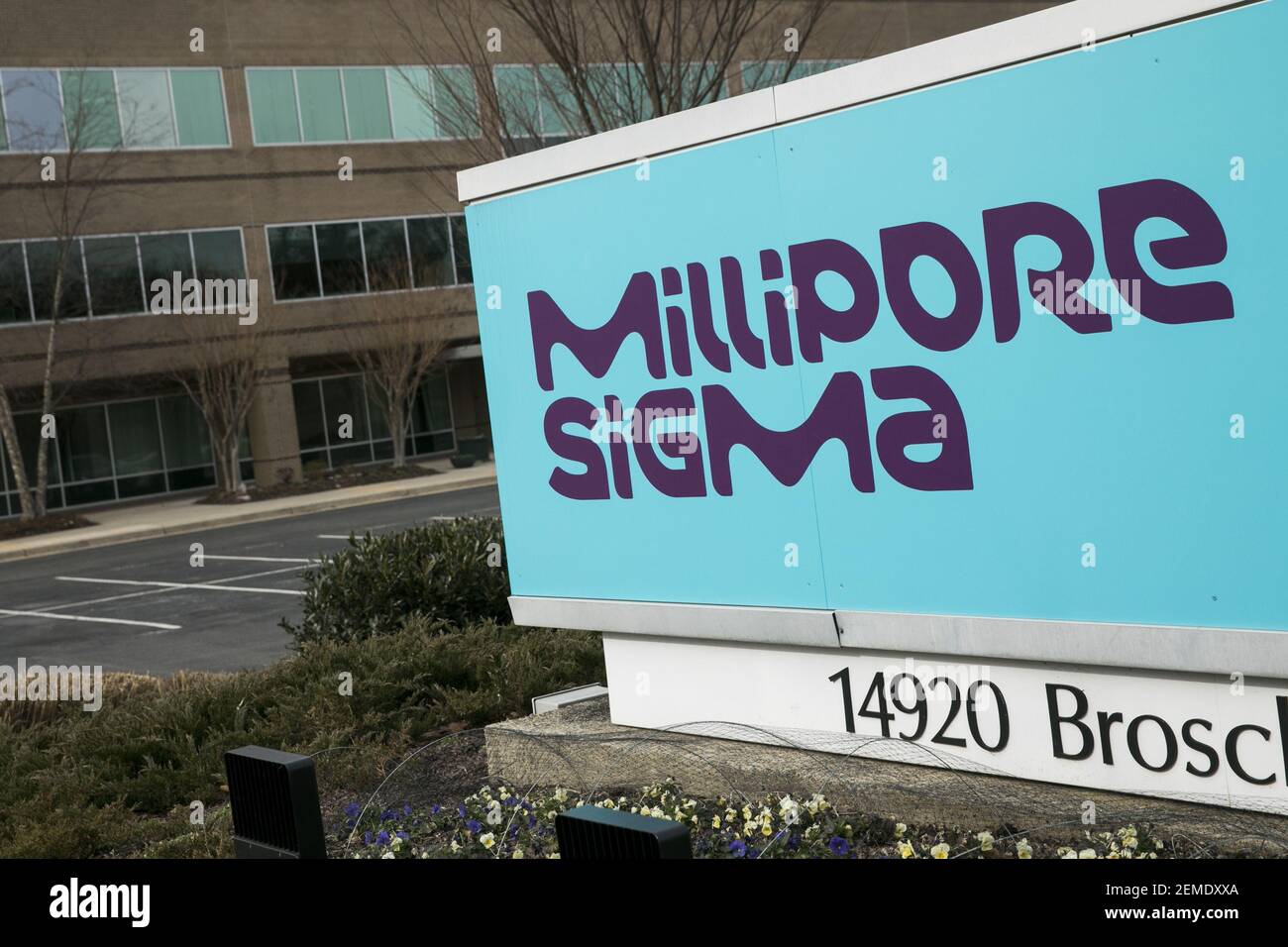 A logo sign outside of a facility occupied by MilliporeSigma in ...