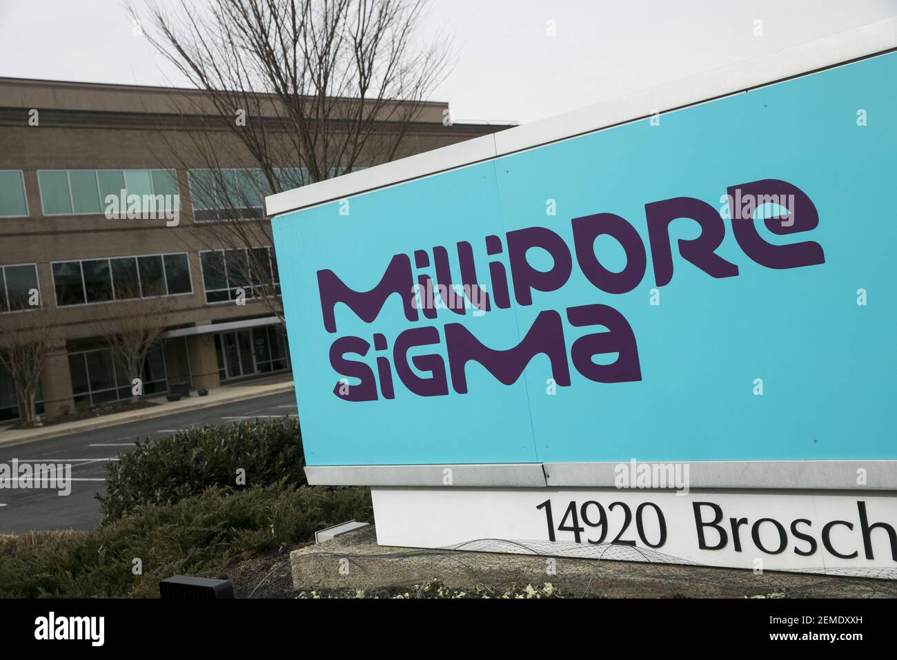 A logo sign outside of a facility occupied by MilliporeSigma in ...