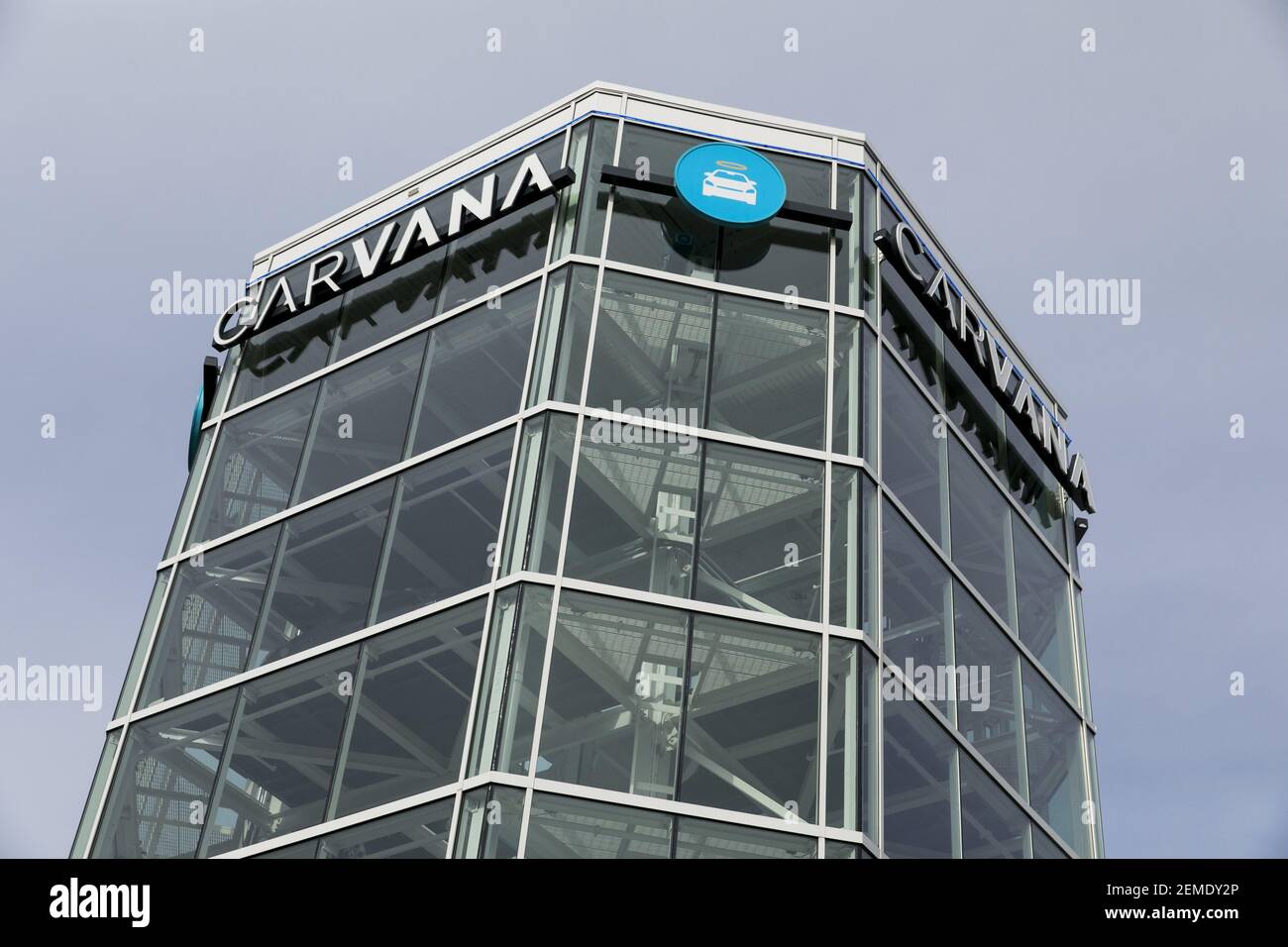 A logo sign outside of a Carvana car vending machine in Gaithersburg ...