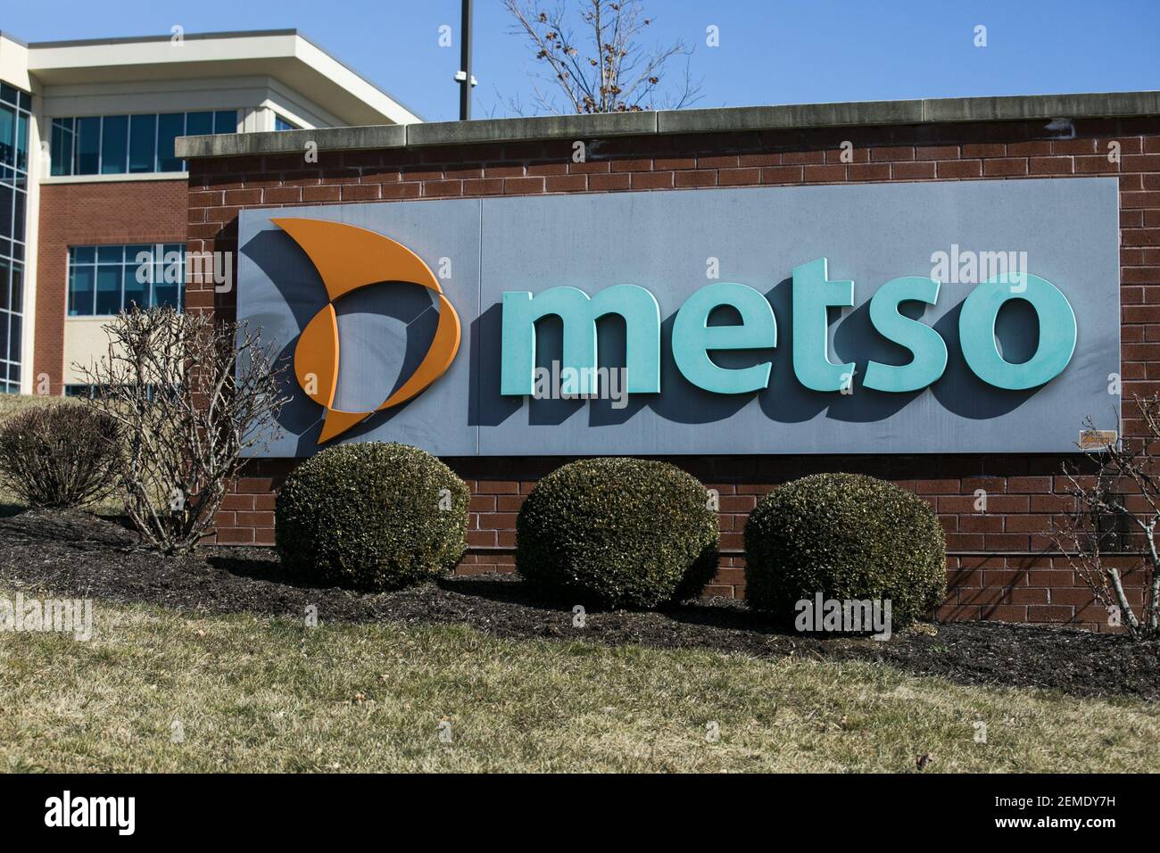 A logo sign outside of a facility occupied by Metso Materials in York ...