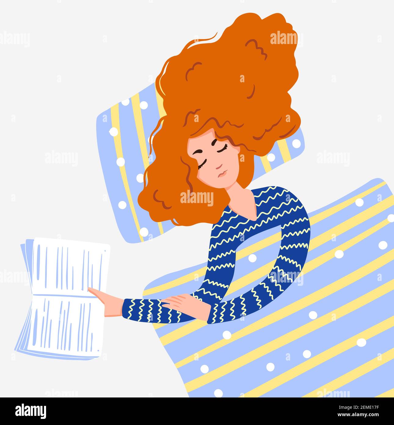 Beautiful woman sleeping with open book Top View. Night reading vector ...