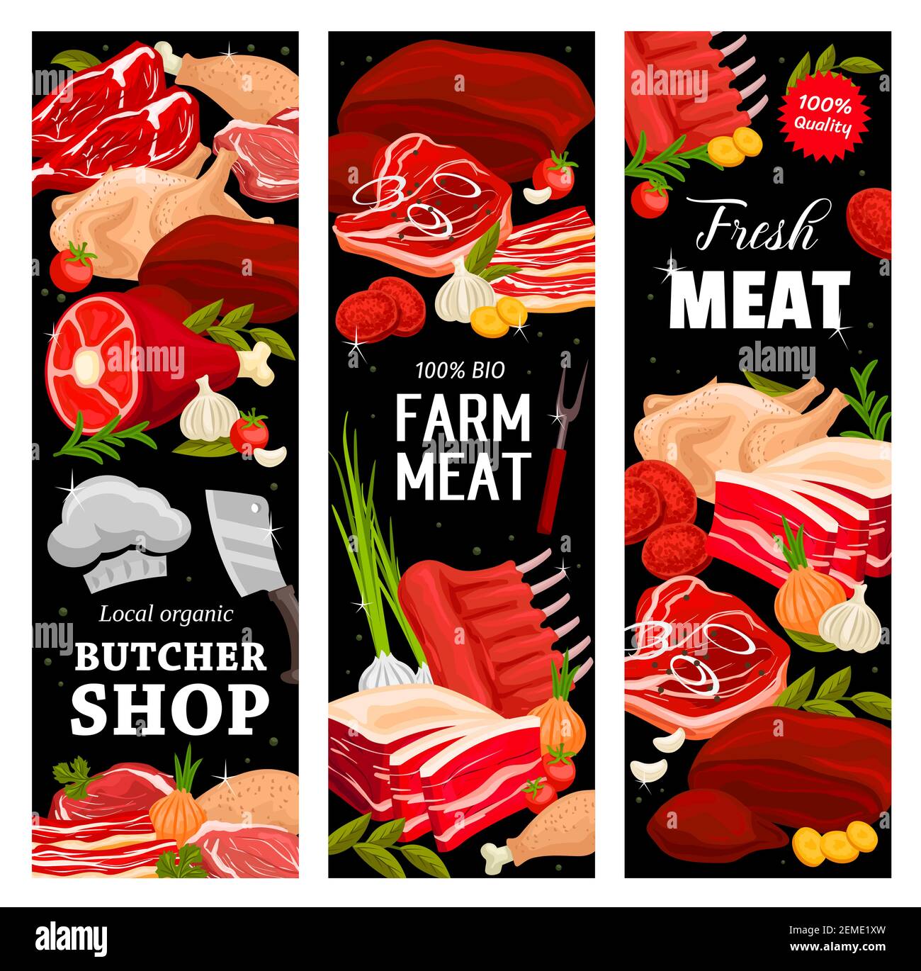 Meat, butcher shop banners, beef, pork and lamb food, steaks, ham and ...