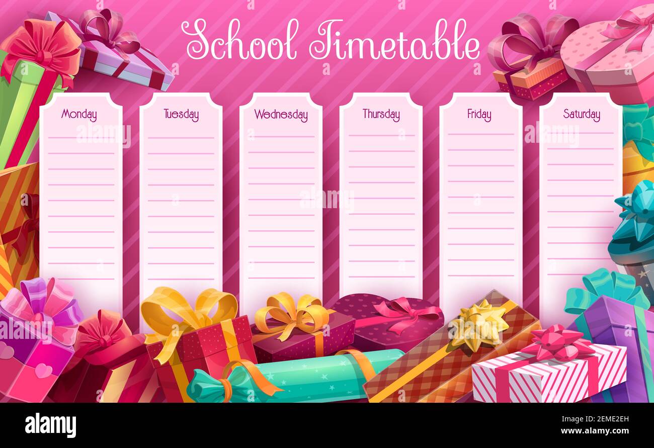School timetable with gift boxes vector template. Lessons planner ...