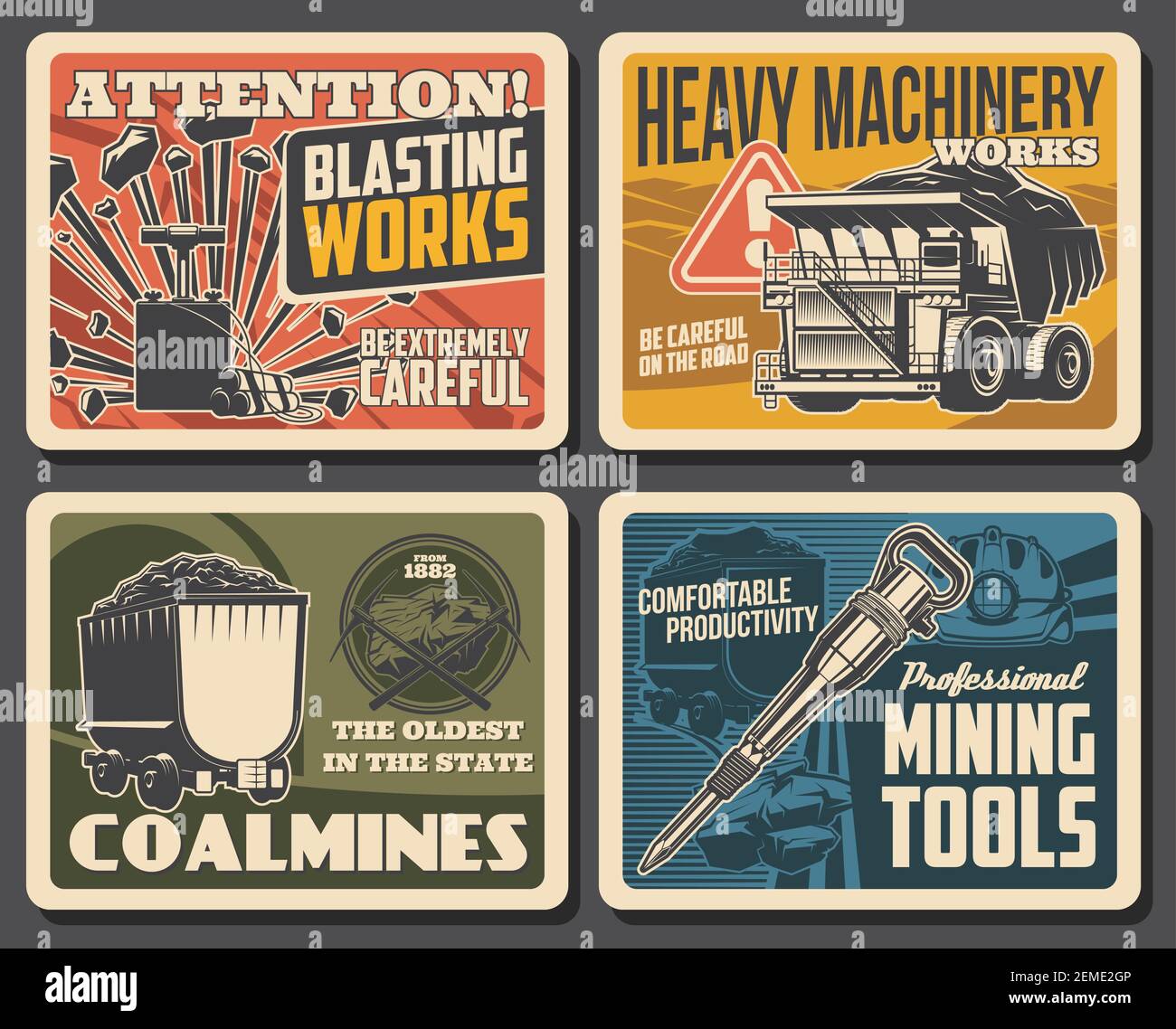 Coal and ore mining posters, mine industry factory and miner equipment ...