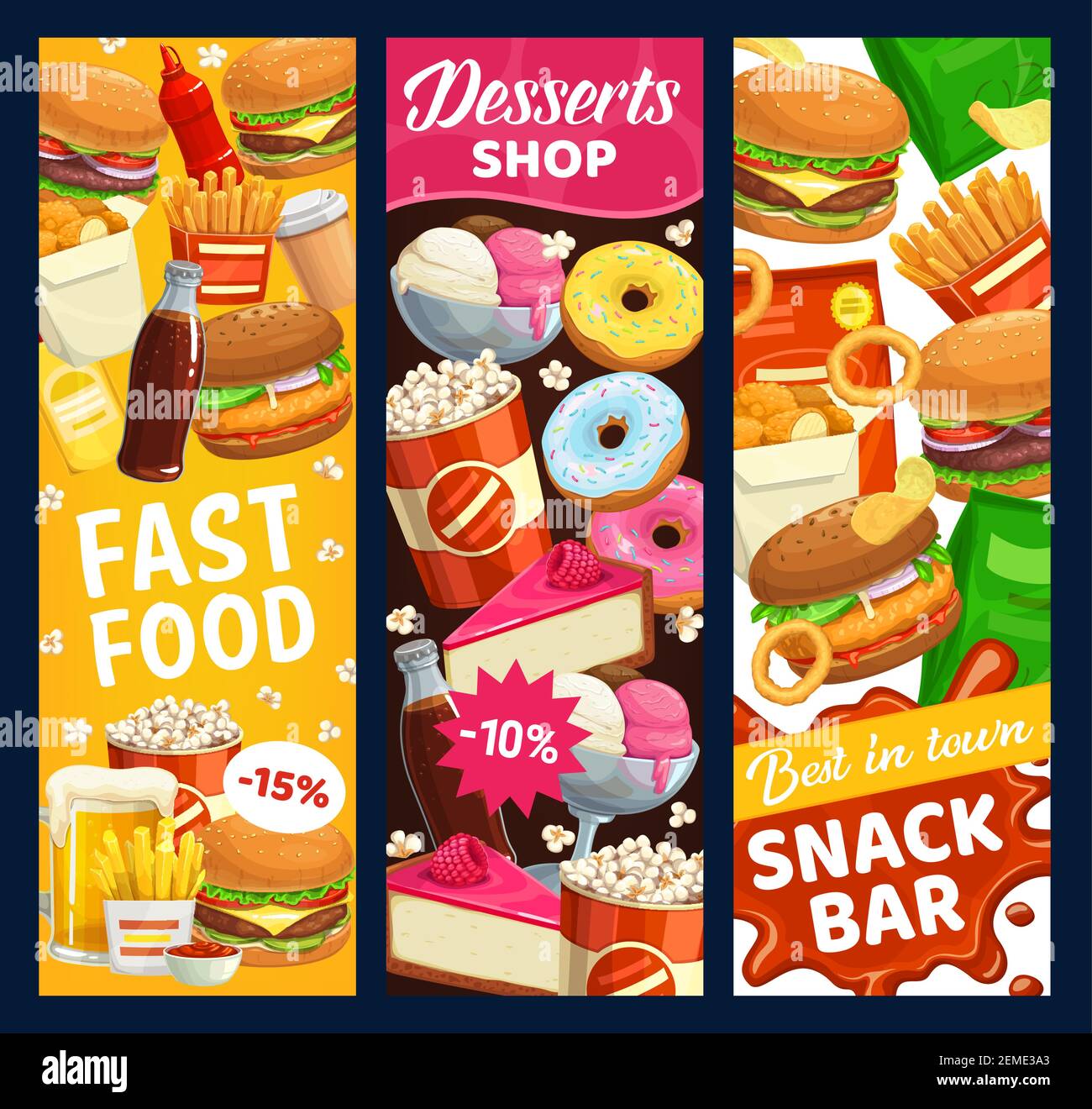 Fast food snack bar and desserts vector banners. Street meals burgers ...