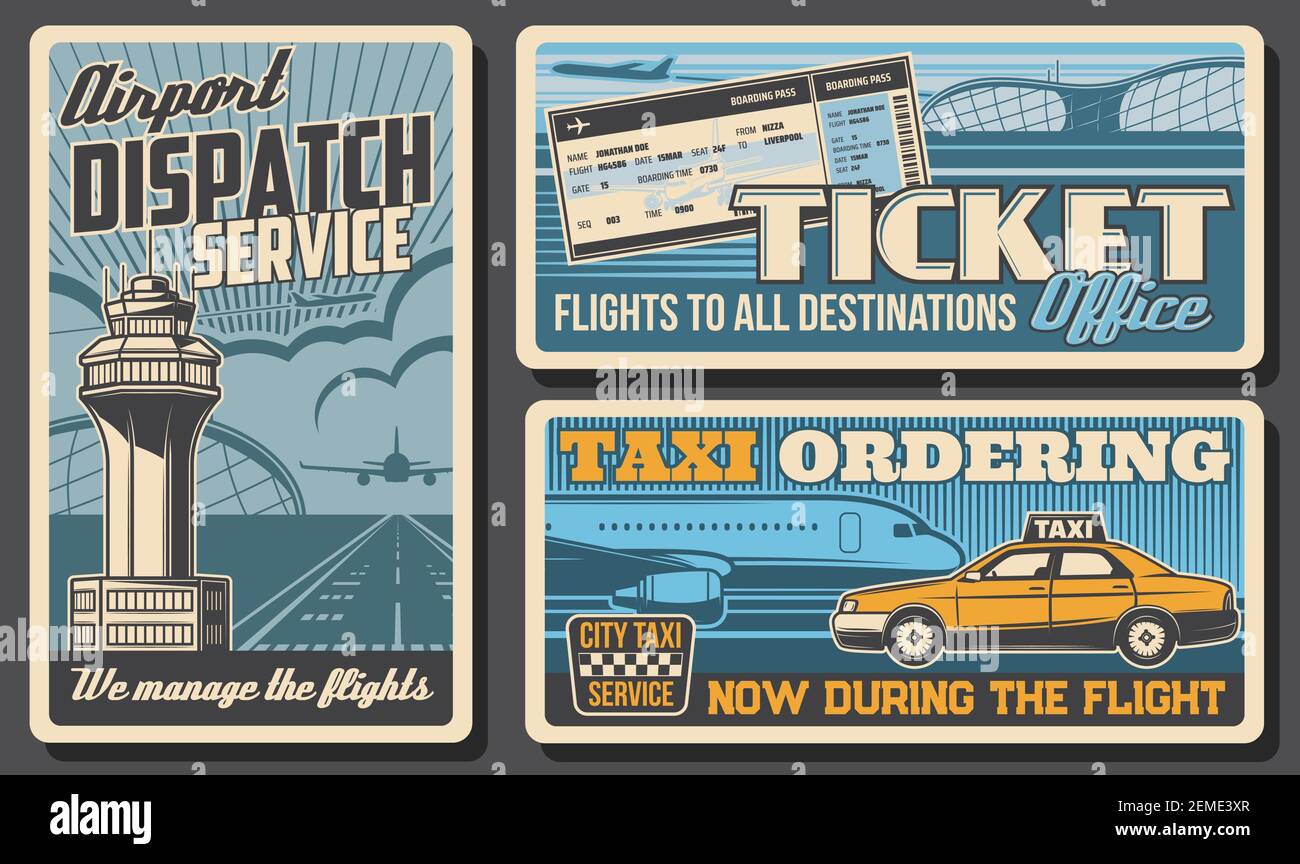 Dispatch service, tickets and airport taxi retro vector posters ...