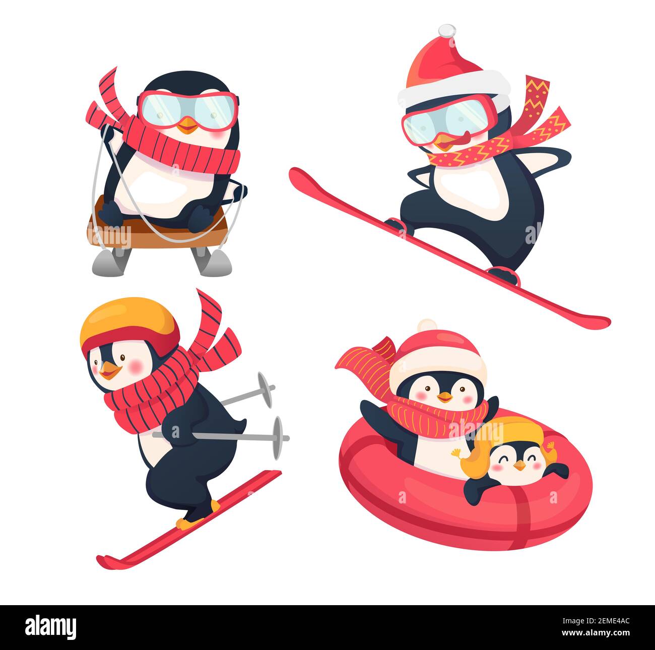 Active penguins in winter. Winter sports on holidays flat illustration ...