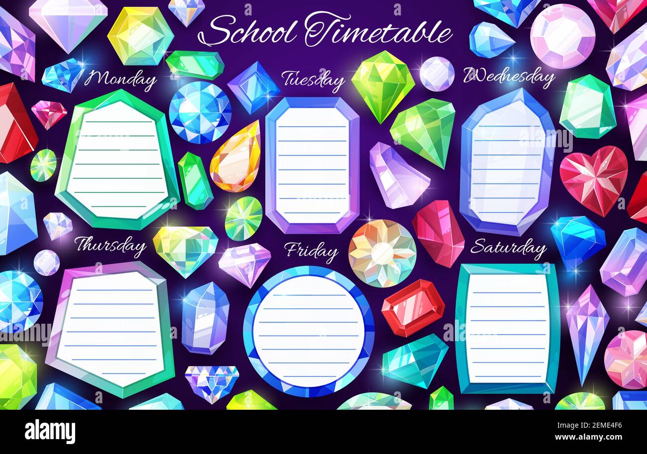 School timetable with gems and crystals, vector education week schedule ...
