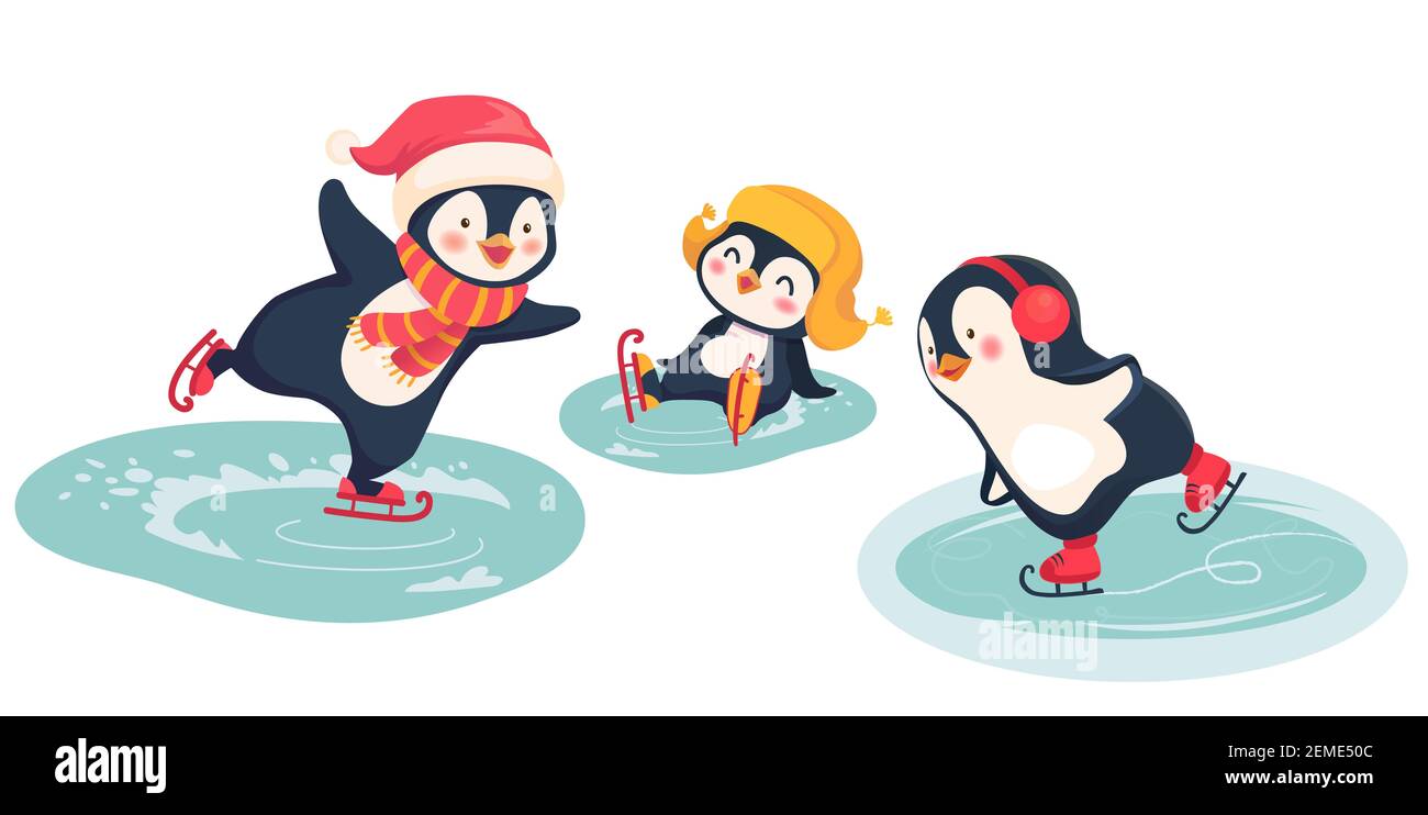 Penguin ice skating outdoor. Sport and leisure concept illustration ...