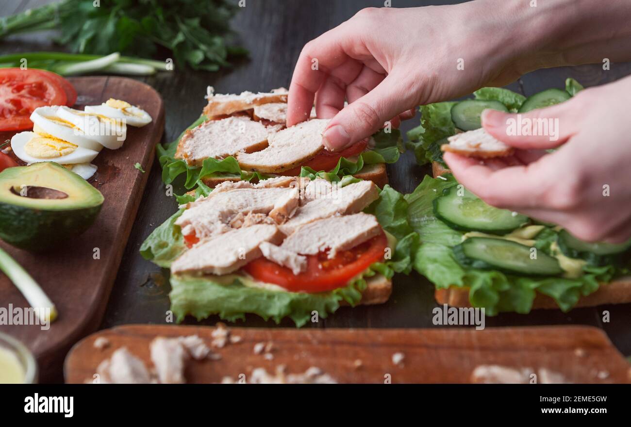 girl chef making sandwich in rustic style with turkey meat and chicken ...