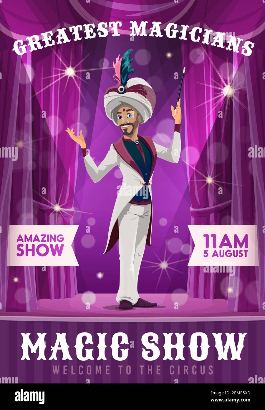 Magician wizard, circus poster, magic show illusionist in hat, vector ...