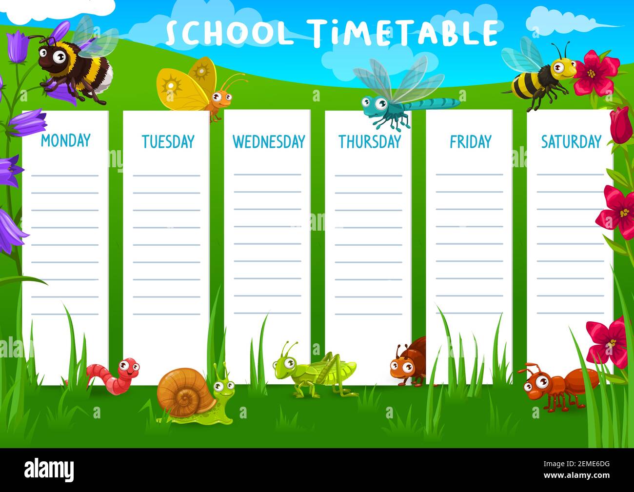 School timetable with meadow and cartoon funny vector insects. Bee and ...