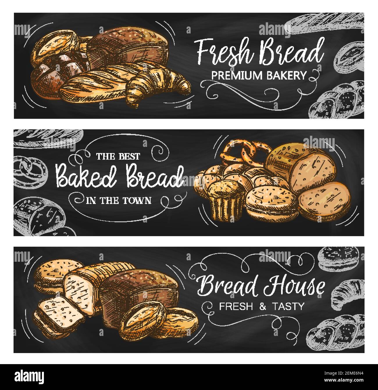 Bread house and bakery chalkboard banners. Rye and wheat bread with ...
