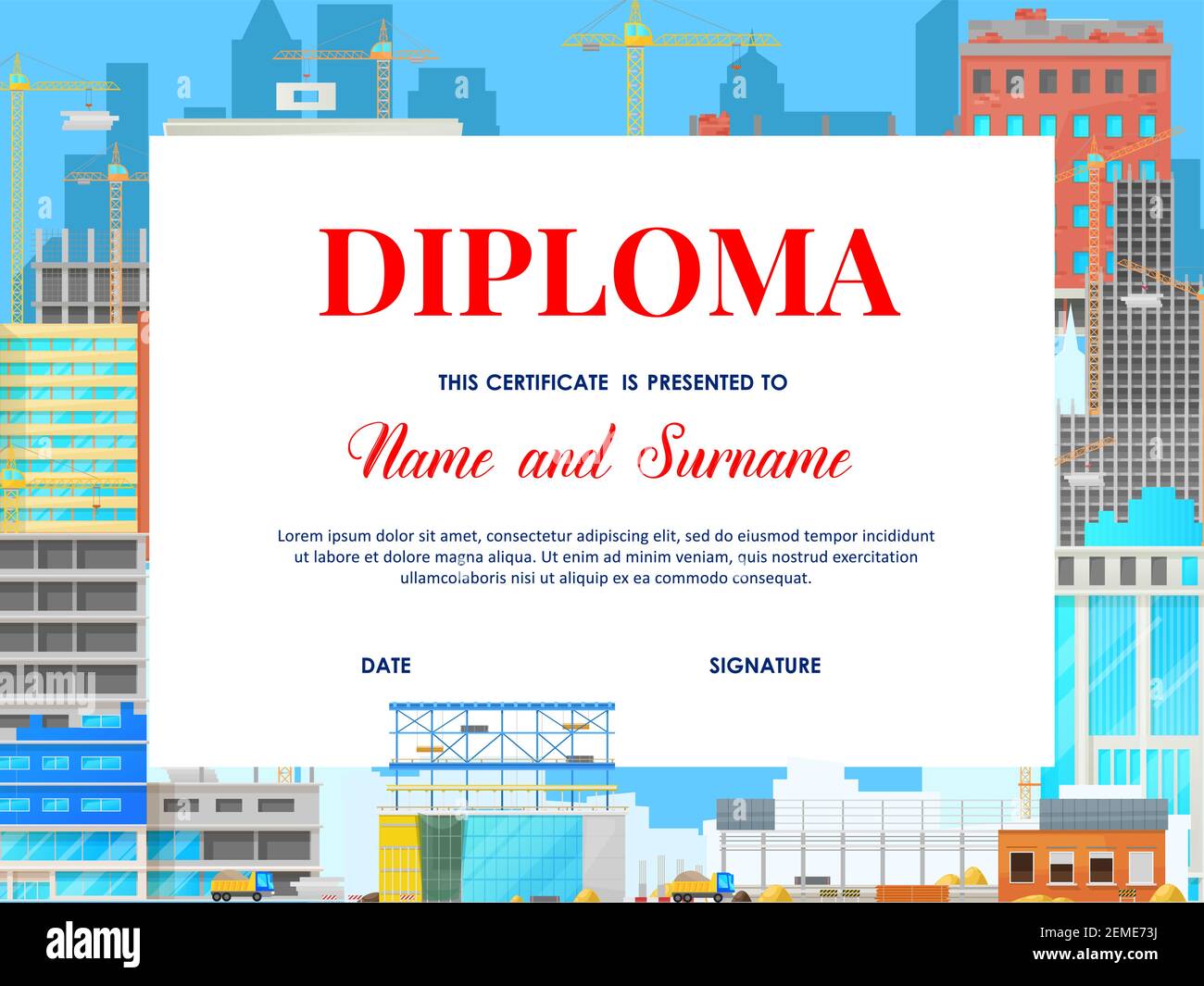 School education diploma with building houses, vector template with ...