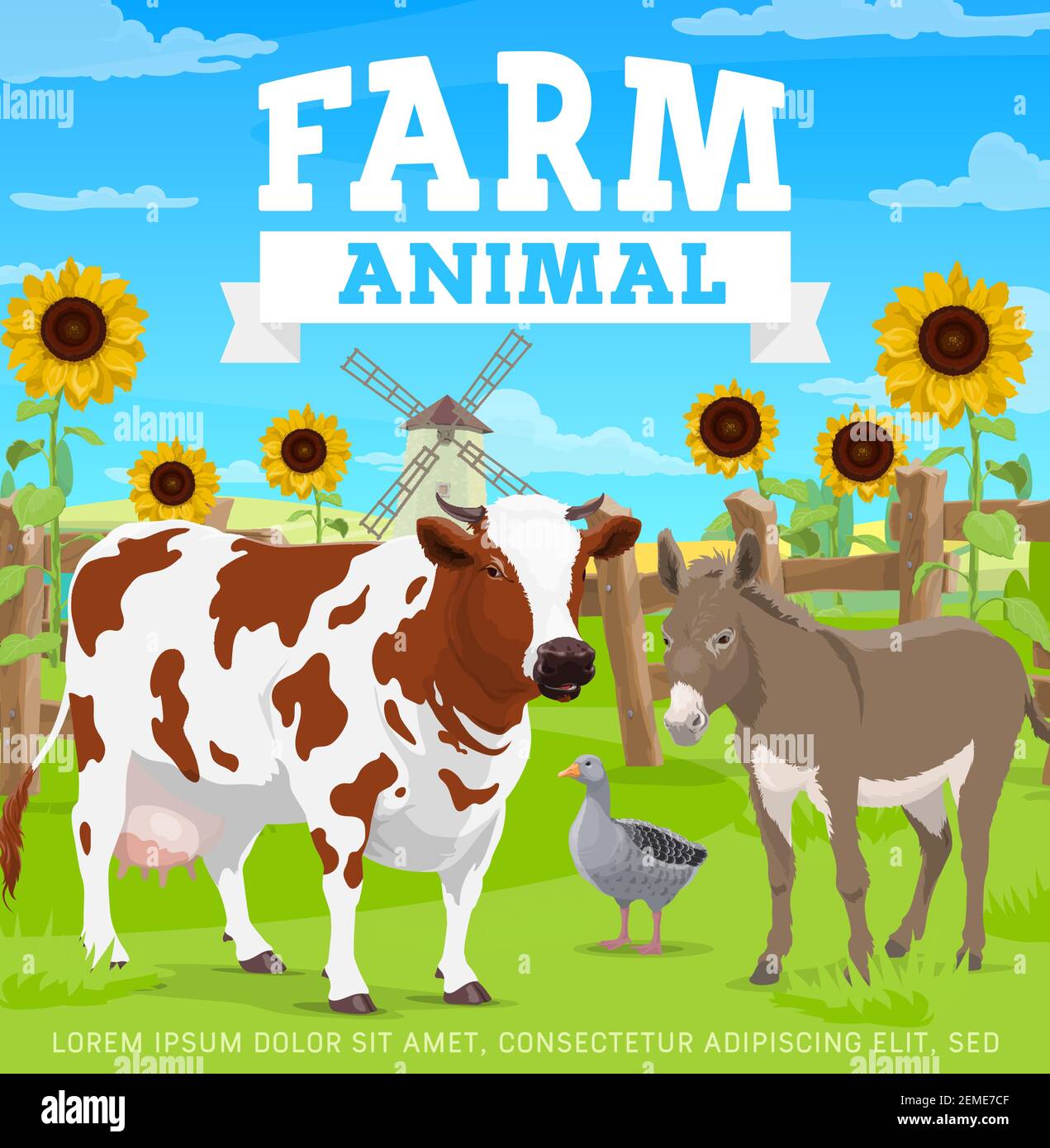 Farm animals, agriculture gardening and farming, cattle field, vector ...