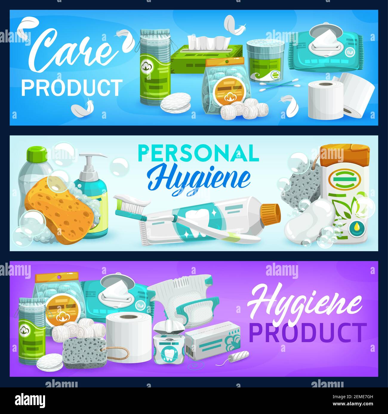 Hygiene, care products. Vector soap, toilet paper and shampoo, brush ...