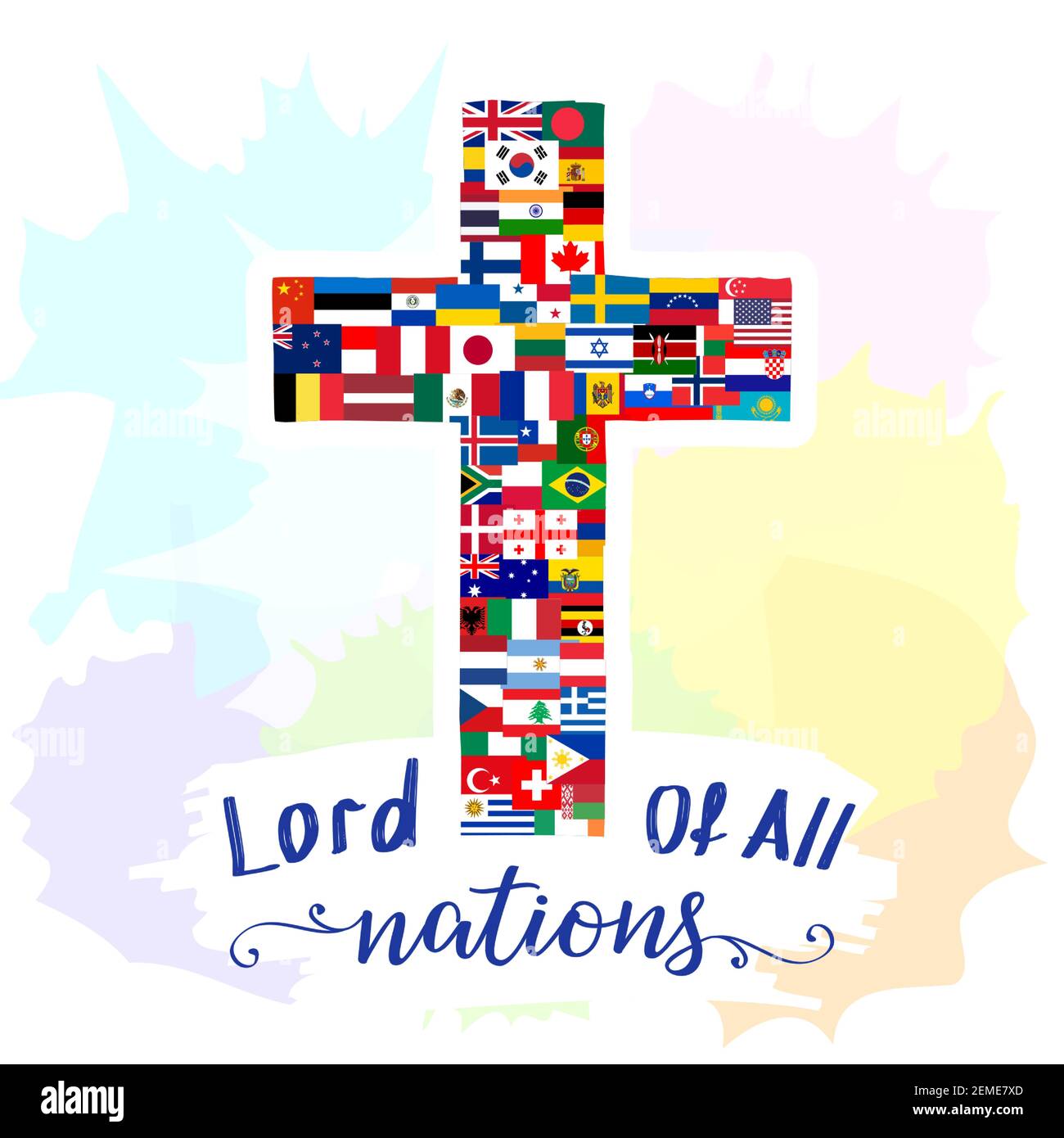 Creative cross with world flags set and calligraphy Lord Of All Nations ...